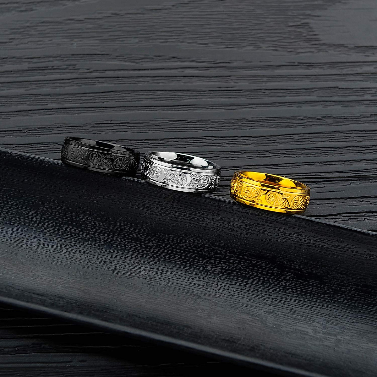 TEMICO 7mm Engraved Florentine Design Stainless Steel Ring Band Silver Tone, Size 11