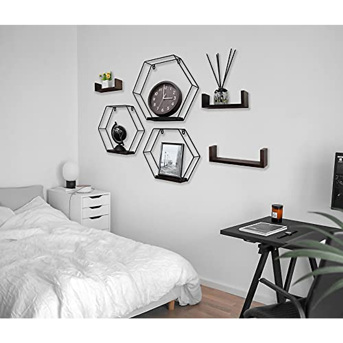 Y & Jason Wall Mounted Honeycomb Floating Shelves, Black Metal Wire Geometric Hexagon Floating Shelf – Set of 6 – Wall Décor for Bedroom, Kitchen, Living Room, Office