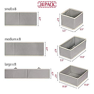 DIOMMELL Set of 24 Foldable Cloth Storage Box Closet Dresser Drawer Organizer Fabric Baskets Bins Containers Divider for Baby Clothes Underwear Bras Socks Lingerie Clothing,Grey 888