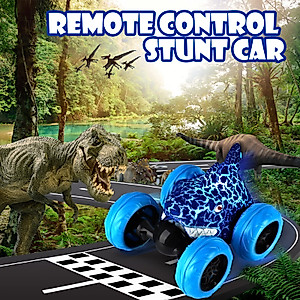 Dywalfri Remote Control Car, Dinosaur Toys RC Stunt Car 360°Rolling with LED Headlights, Rechargeable RC Car Dinosaur Toys Gifts for 4 5 6 7 8-12 Year Old Boys Girls Kids （Sharkosaurus ）