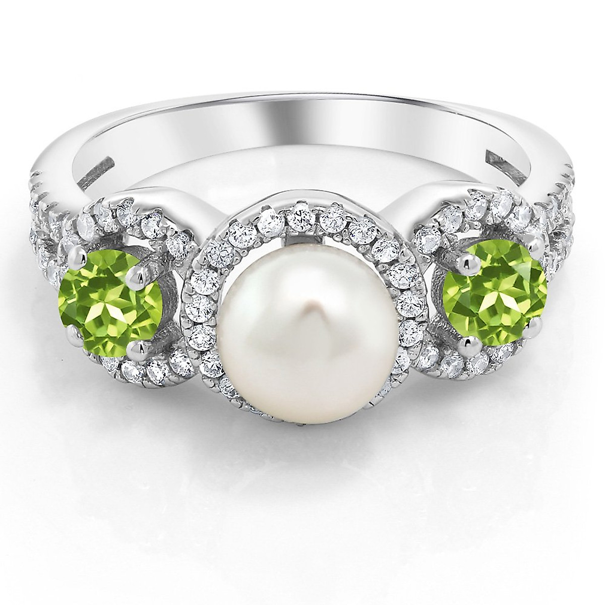 Gem Stone King 925 Sterling Silver Cultured Freshwater Pearl and Green Peridot Ring For Women (1.40 Cttw, Gemstone Birthstone, Available In Size 5, 6, 7, 8, 9)