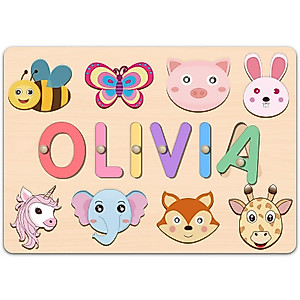 Personalized Wooden Name Puzzle for Kids, Custom Baby Gifts with Engraved Text on Back, 1st Birthday Gifts for Girls Boys, Easter Basket Stuffers for Toddler, Early Learning Toys for Baby