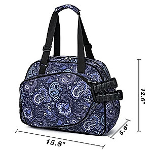 Boulder Bee | Premium Pickleball Bags | PickleBall Tote Bag for Women | Women’s Hand/Shoulder Gym Bag w Water Bottle Holder | With Racquet/Paddle Holder (Blue cashew flower)