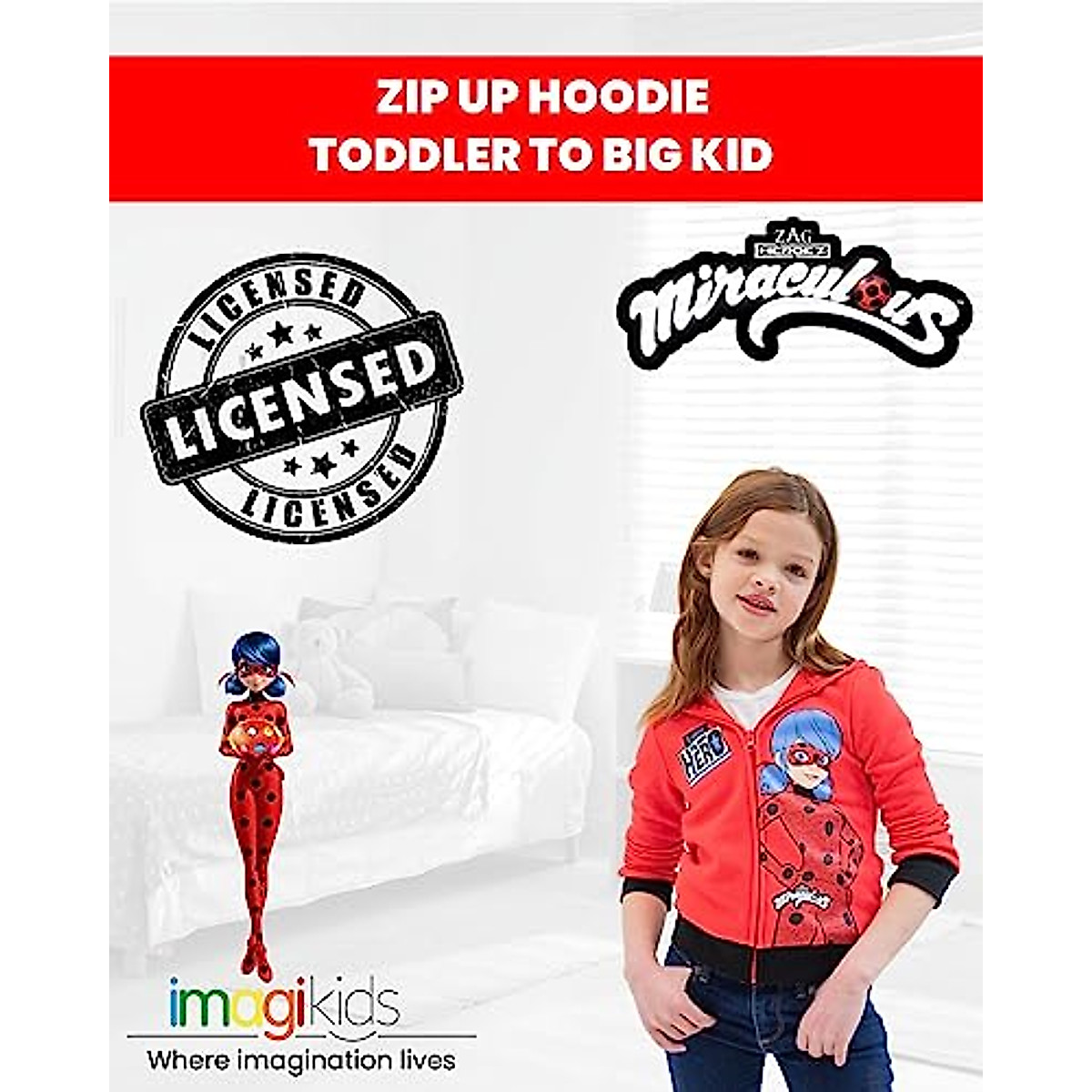 Miraculous Ladybug Little Girls Zip Up Hoodie Red 7-8