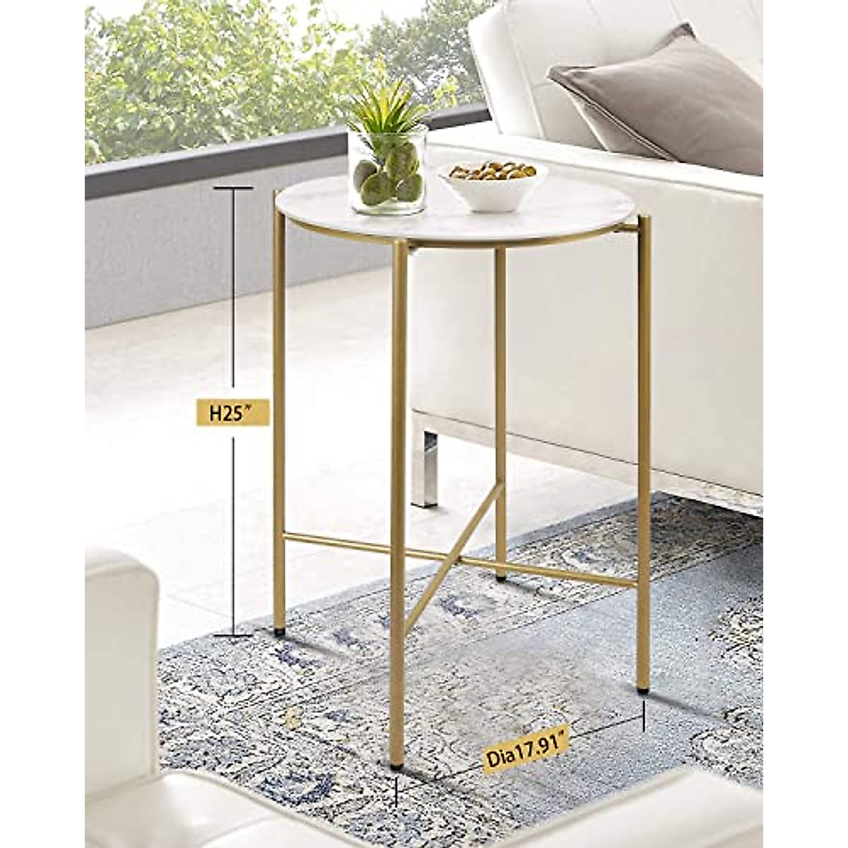 Moncot Round Side Table Small：Gold end Table White Side Table Marble Side Tables for Living Room Bedroom Glass Top Faux Marble TextureModern Brass Metal Frame