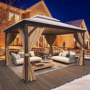 YOLENY 12x14FT Hardtop Gazebo, Galvanized Steel Double Roof Canopy with Netting and Curtains, Permanent Metal Pavilion Gazebos with Aluminum Frame for Patio Backyard Deck and Lawns