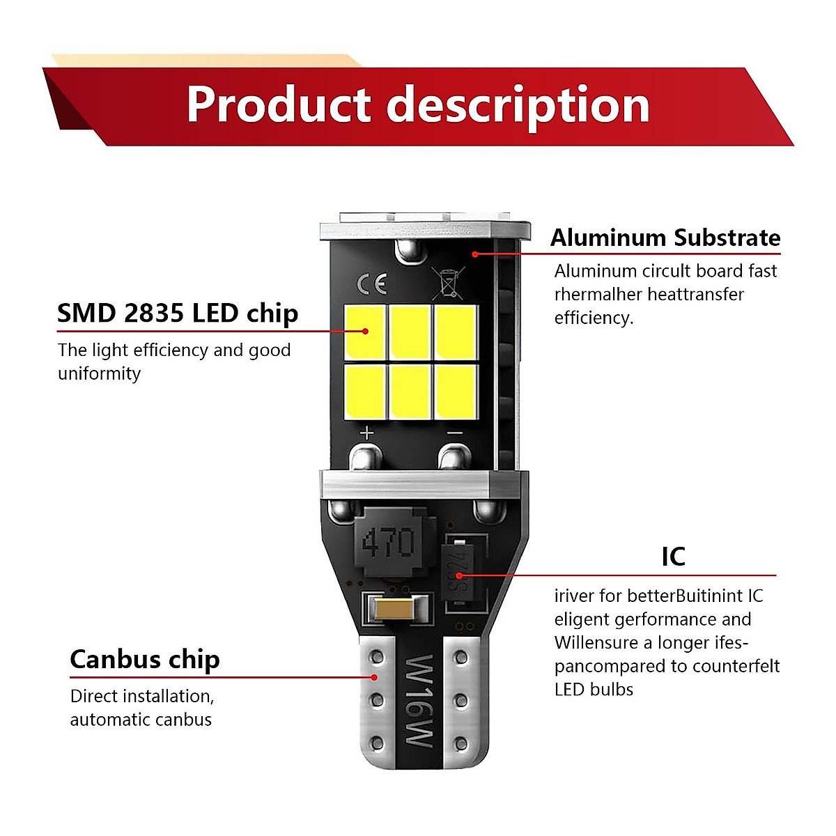 UGSHY Pack-2 Car Illumination Lights, T15 Reverse Light, High Power Decoding 3535 Chip Bulbs, Super Bright LED Bulb, Extremely Super Bright, Universal Bulbs Replacement (White Light)