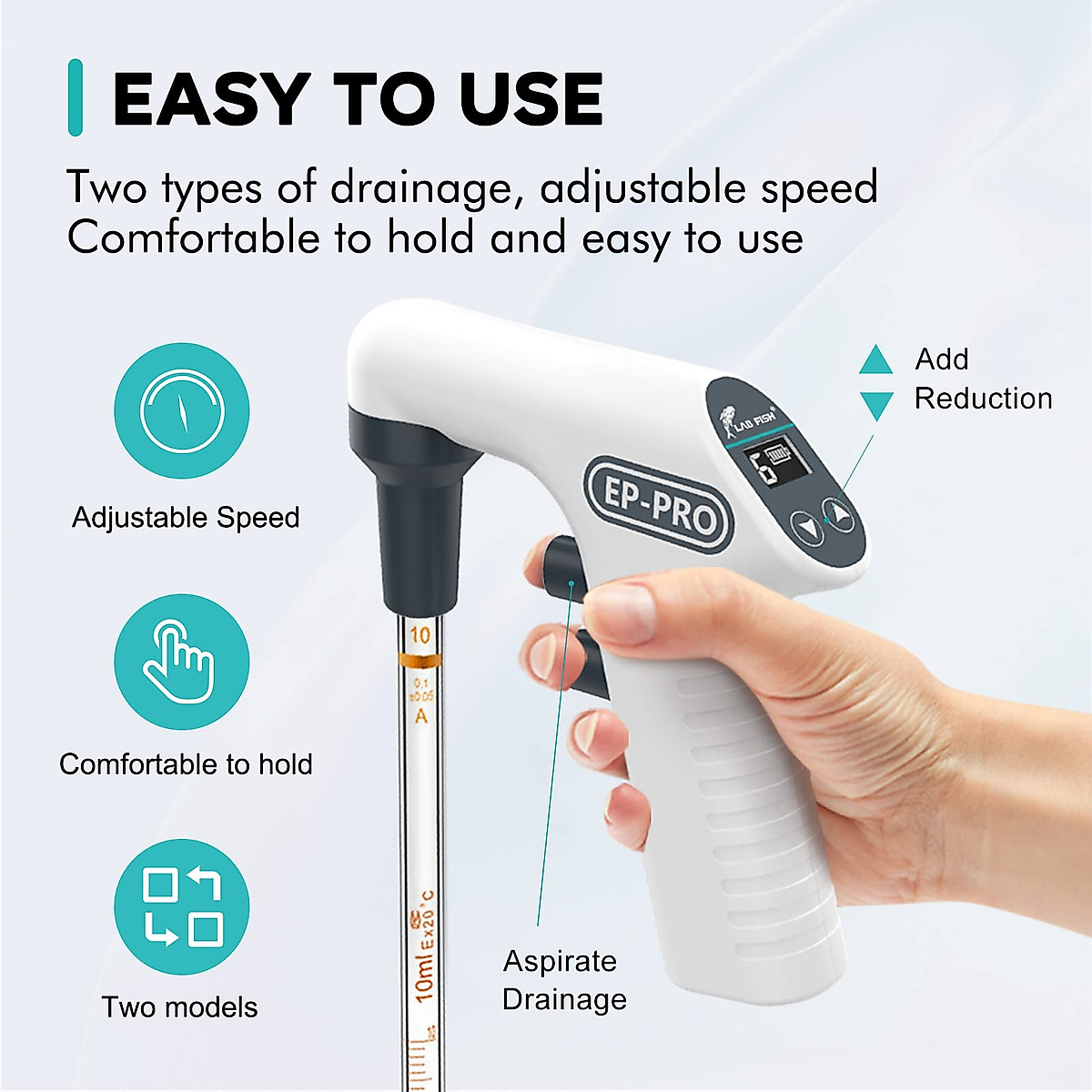 LAB FISH Laboratory Electronic Pipettors Pump Pipette Controller for Lab|0.1~200ml Range|LCD Display|6 Speeds|Dual Modes of Gravity Drainage and Power Drainage|8h Rechargeable Lithium Battery