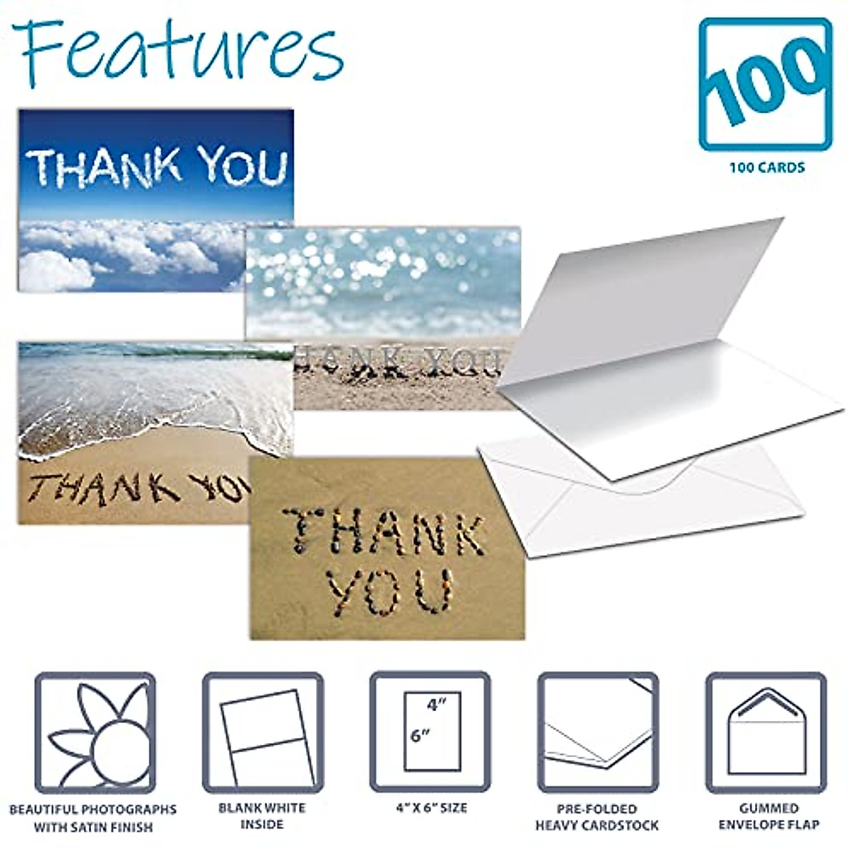 Thank You Cards with Envelopes (100 Pack), 4 Cover Designs, Blank Inside, by Better Office Products, All Occasions, Serenity Collection, 100 Pack