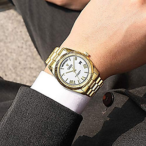 CADISEN Men Automatic Watch Sapphire Luxury Mechanical Wristwatch Stainless Steel Waterproof Watch Men MIYOTA8285 (Golden White Noodles)