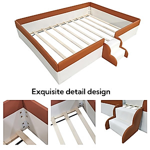 Merax Queen Size Upholstered Kids Daybed Frame with Fence and Stairs, Wood Bed for Living Room, Floor Bed, White+Brown