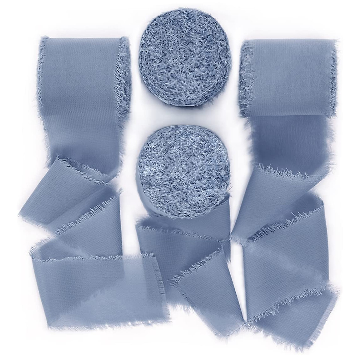 Socomi Dusty Blue Handmade Fringe Chiffon Silk Ribbon 1-3/4" x 7Yd 4 Rolls Frayed Ribbons for Wedding Invitations Bridal Bouquets Gift Wrapping