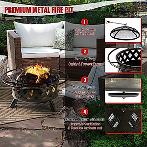 Aoxun Fire Pit 30in with Grill Outdoor Wood Burning 2 in 1 Fire Pit with Fire Poker (Black)