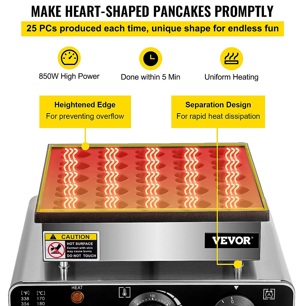 VEVOR Mini Dutch Pancake Maker, Heart-Shaped Dutch Pancake Machine, 25PCs Pancake Maker Electric Commercial, 850W Mini Pancake Maker, 110V Proffertjes Muffin Waffle Maker for Kitchen Bakery Snack Bar