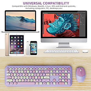 Wireless Keyboard and Mouse Combo, Colorful Ergonomic Full Size Retro Low-Noise Keyboard with Cute keycaps, Compatible with Windows, PC, Perfer for Home and Office Keyboards (Purple)