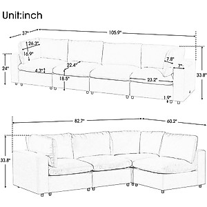 kevinplus 106'' Modular Sectional Sofa Couch for Living Room, Modern Upholstered 4-Seat Sofa Couch L-Shape with USB Charge Port & Wireless Charging & Built-in Bluetooth Speaker in Arm, Beige