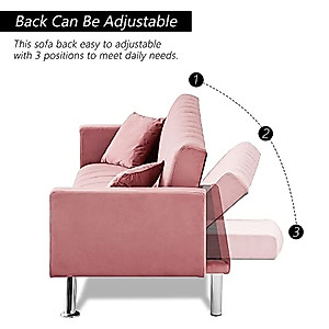 Lamerge Sofa Bed, Modern Convertible Sleeper Sofa Bed with 2 Pillows, Wooden Frame and Metal Legs, Small Folding Sofa Couch for Living Room, Bedroom, Compact Spaces - Pink