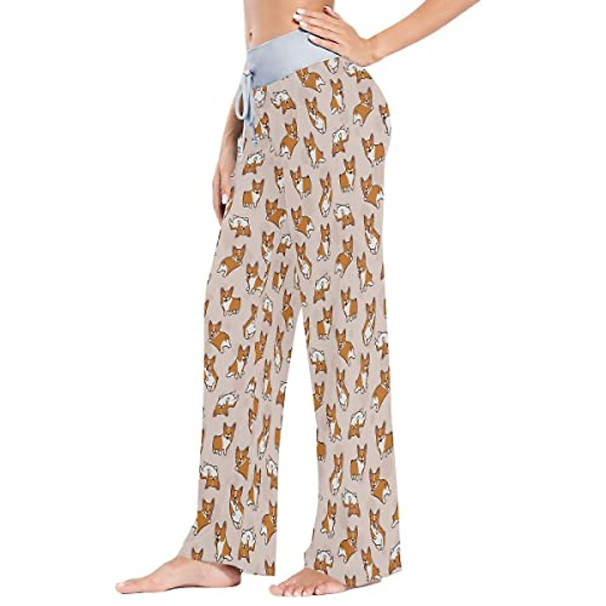 Women's Comfy Pajama Pants Cartoon Corgis Pattern Casual Drawstring Palazzo Lounge Wide Leg Pants, Medium