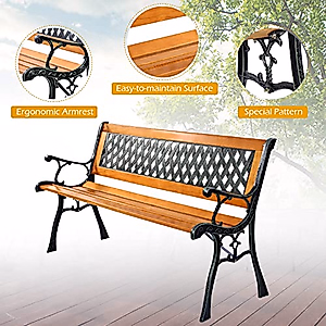 Tangkula Outdoor Garden Bench Park Bench, Patio Bench Chair with Cast Iron & Hardwood Structure, Weather Proof Porch Outdoor Furniture Loveseat, Perfect for Backyard, Deck, Lawn, Poolside