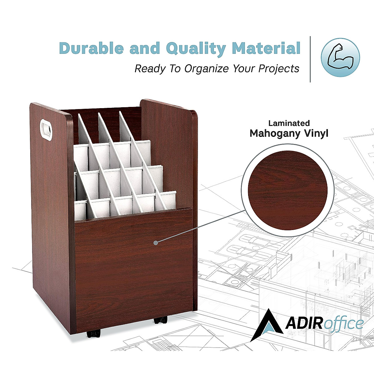 Adir Mobile Blueprint Roll File Holder - Mobile Roll File Organizer Cart for Home Office or School. 20 Slots Blueprint File Holder with Wheels for Maps, Plans, Posters