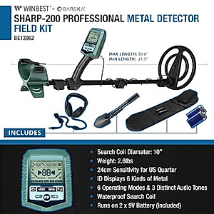 Barska Winbest Sharp-200 Professional Metal Detector Field Kit with Submergible Search Coil, Heanphone, Folding Shovel with Compass, Carrying Case