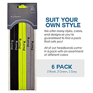 Athlé Skinny Headbands for Women and Men - 6 Pack - Elastic Headbands for Women and Men - Non Slip Silicone Grip - Lightweight and Comfortable Thin Headbands - Black, Green, Grey