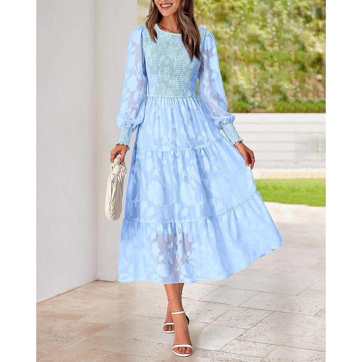 BTFBM Casual Women's 2025 Fall Dresses Elegant Wedding Guest Dress Long Sleeve Floral Midi Dress Flowy Bohemian Long Dress(Blue,X-Large)