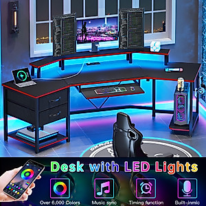 SEDETA 79" Gaming Desk, Computer Desk with 2 Fabric Drawers & LED Light, L Shaped Gaming Desk with Storage Shelf for Home Office, Carbon Fiber Black&Red
