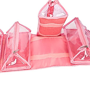 Water Resistant 4 in 1 Hanging Roll Up Travel Toiletry Bag Makeup Cosmetic Storage Case Hair Beauty First Aid Kits Organizer Bag LOL Doll Toy Storage Case With 4 Removable PVC Zipper Pouch (Pink)
