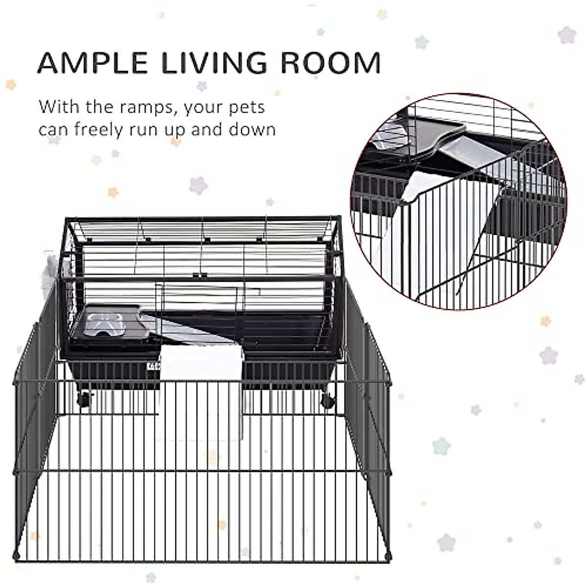 PawHut 2-Level Rolling Small Animal Playpen & Cage, Foldable Small Rabbit Fence, Guinea Pig House, Hedgehog Cage, Water Bottle, Water Bowl, Pet Exercise Pen, 35" L