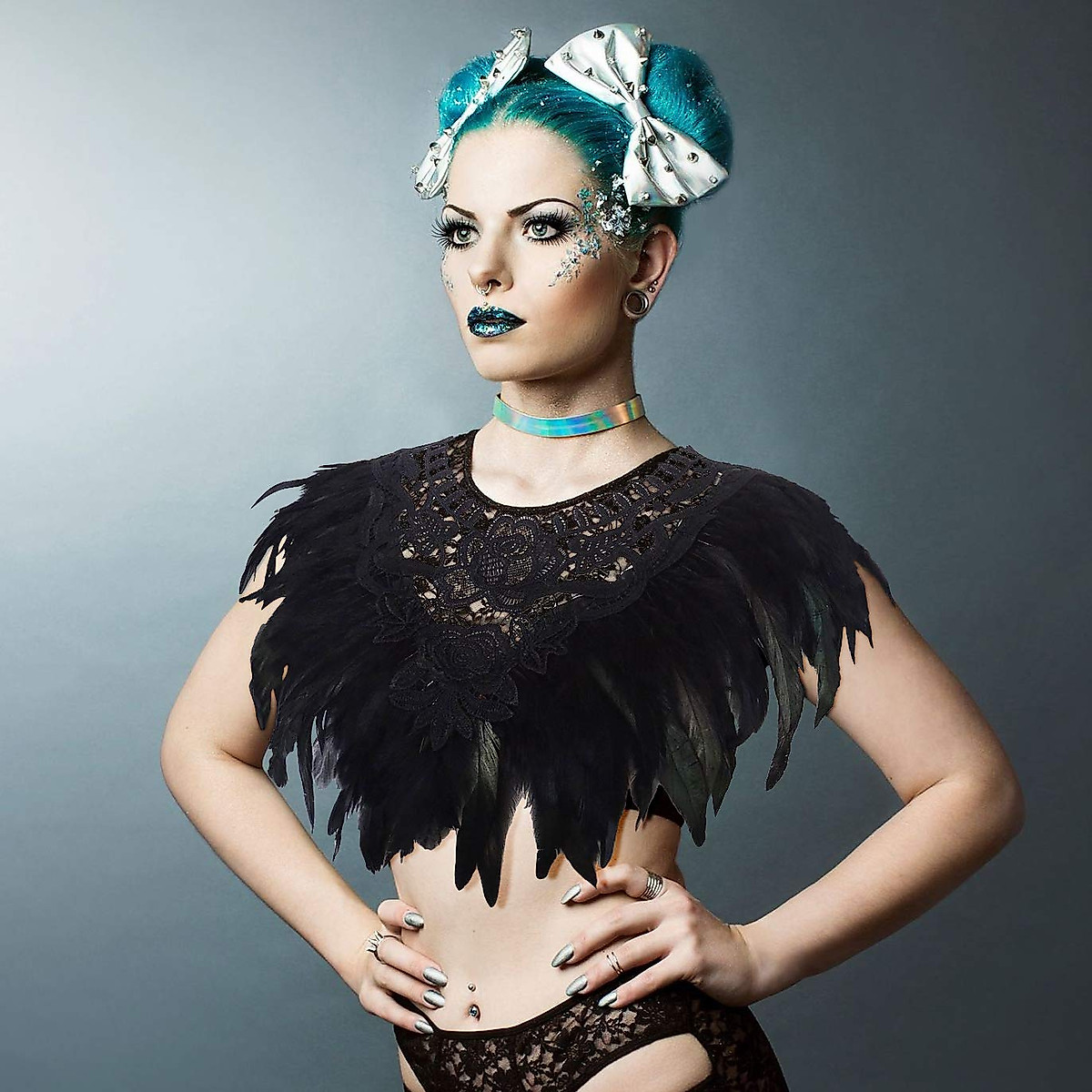 L'VOW Real Black Feather Harness Lace Collar Necklace Bib Halloween (Black)