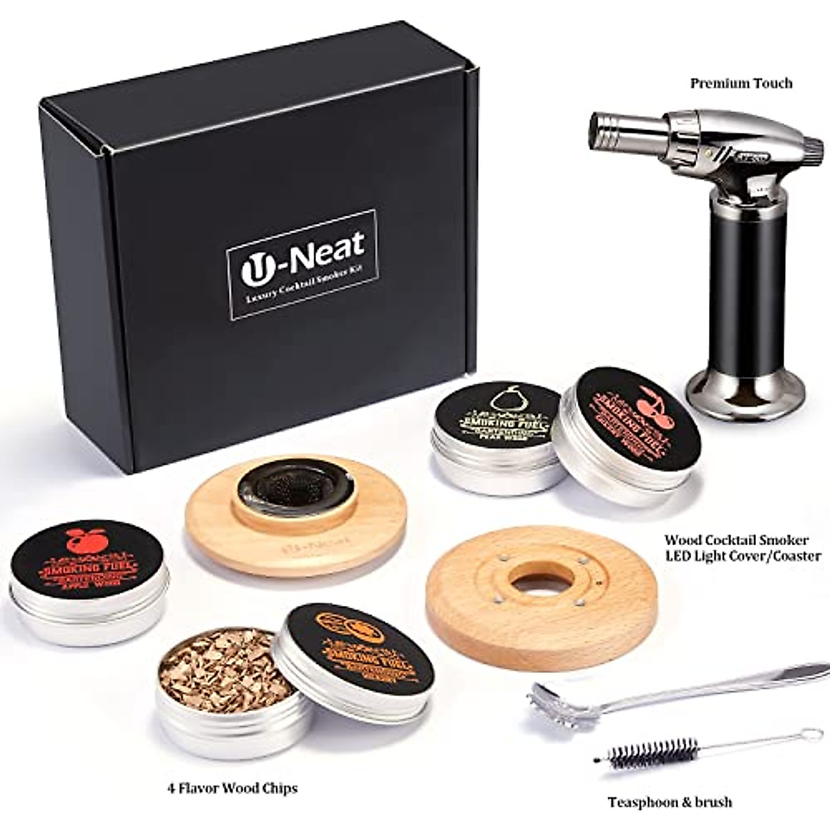 2023 New Cocktail Smoker Kit with Torch with 4 Wood Chips Flavors, Old Fashioned Drink Smoker with Light Up LED Coaster, Infuse Cocktails, Wine, Whiskey, Cheese, Salad, Meats, Whiskey Gifts for Men Women (No Butane)