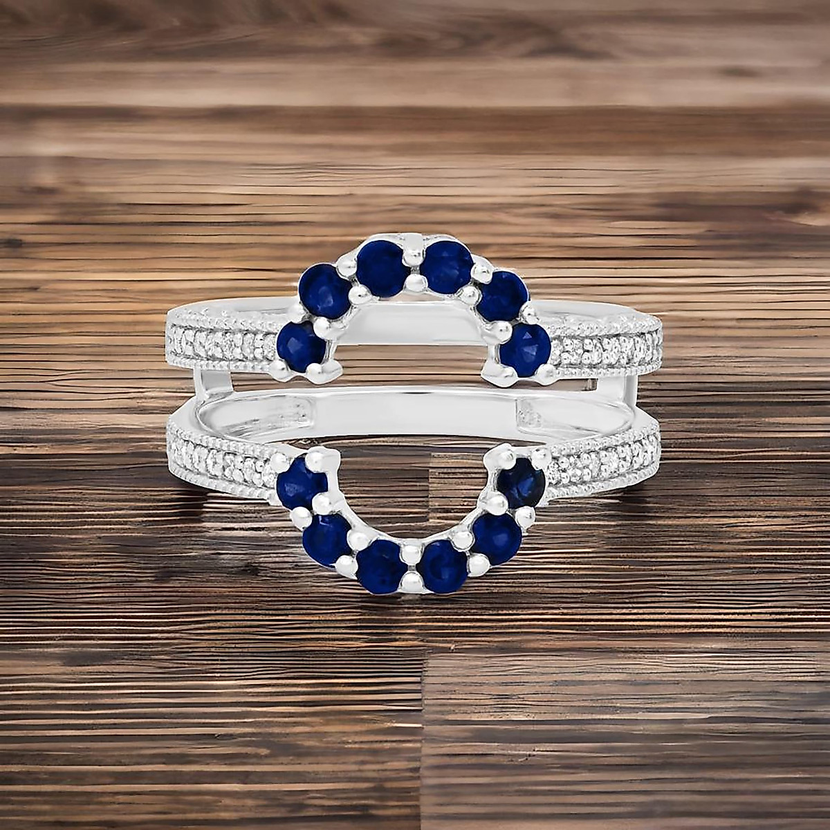 Dazzlingrock Collection Round Blue Sapphire & White Diamond Ladies Enhancer Curved Double Guard Matching Wedding Band | 925 Sterling Silver, Size 8