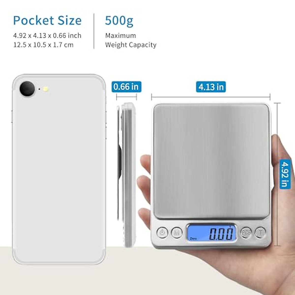 Toprime Digital Gram Scale 500g 0.01g Food Scale High Precision Kitchen Scale Multifunctional Stainless Steel Pocket Scale with Back-Lit LCD Display Tare PCS Features Silver