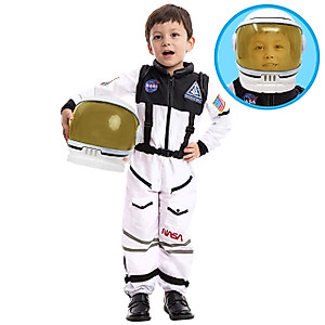 Spooktacular Creations Astronaut Costume with Helmet, Space Suit for Kids and Toddler with Movable Visor Helmet, Kids Astronaut Costume for Halloween Costumes Party Favor Supplies White S