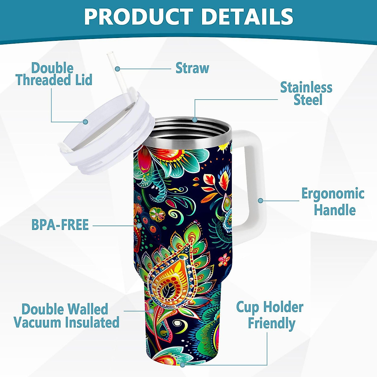 xigua 30 oz Paisley Flower Tumbler with Handle and Straw Lid, Stainless Steel Vacuum Insulated Sports Water Bottle, Keeps Cold or Hot Coffee Cup Travel Mug
