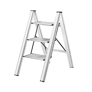 LIYIVNAA 3 Step Ladder Folding Step Stool with Anti-Slip Wide Pedal 330lbs Capacity Lightweight Portable Aluminum Silver Stepladder Household Tool for Home Kitchen Office
