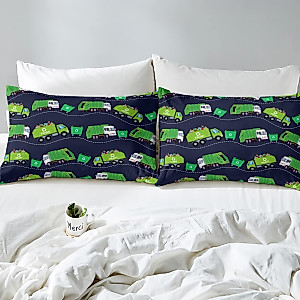 Garbage Trucks Fitted Sheet Twin Size Kids Cartoon Car Bedding Set for Boys Teens Rubbish Car Bed Sheet Set Breathable Vehicles Blue Green Bed Cover Room Decor