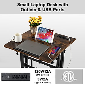 Hadulcet Mobile Standing Desk with Charging Station, Adjustable Standing Computer Desk, Standing Adjustable Laptop Cart with Wheels for Home Office Classroom Rustic Brown