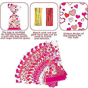 Whaline 150 Pieces Valentine Cellophane Treat Bags Heart Prints 4 Style Clear Cello Candy Bags with 150Pcs Twist Ties Mixed Heart Plastic Goody Gift Bags for Valentines Wedding Party Supplies