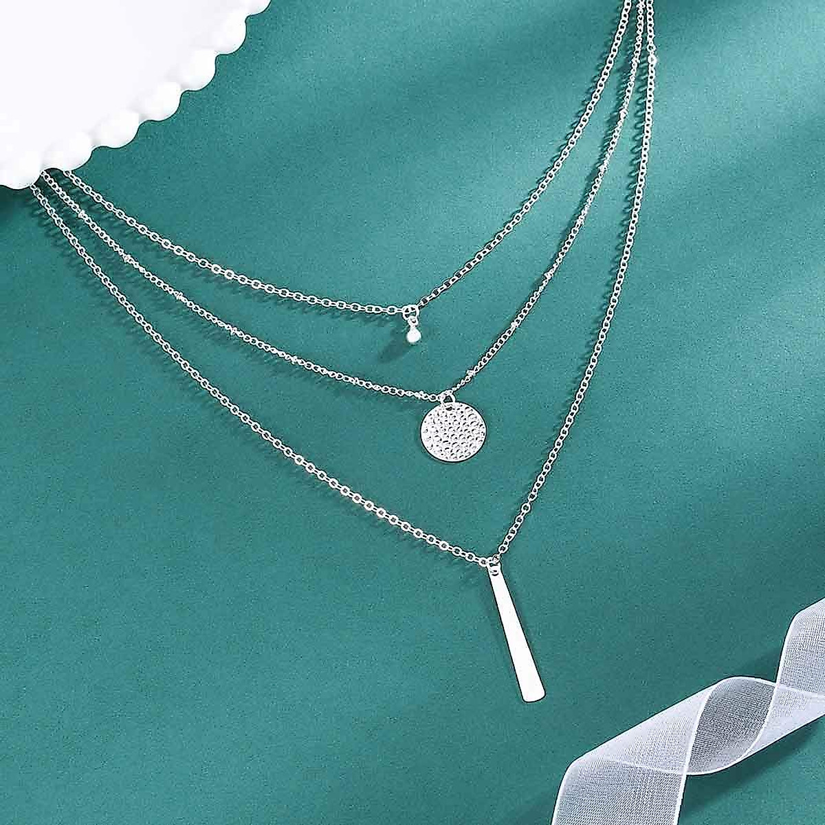 Yalice Multi-Layered Disc Necklace Chain Bar Drop Pendant Necklaces Coin Jewelry for Women (Silver)