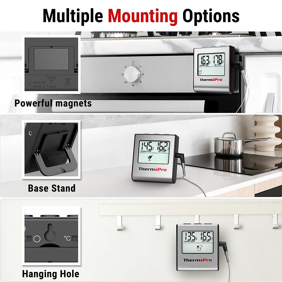 ThermoPro TP-16 Large LCD Digital Cooking Food Meat Smoker Oven Kitchen BBQ Grill Thermometer Clock Timer with Stainless Steel Probe