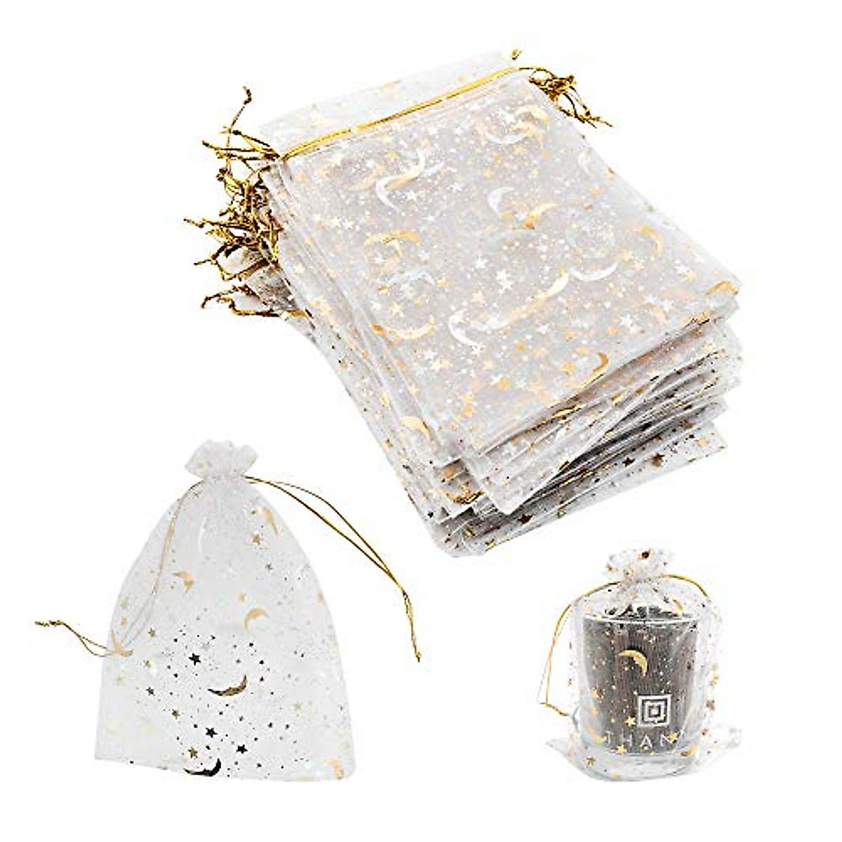 souG Organza Gifts Bags, 5x7 100Pcs Sheer Organza Drawstring Pouches Stars and Moon Wedding Party Favor Jewelry Candy Gift Bags (White and Gold).