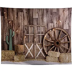Allenjoy 10x8ft Western Cowboy Backdrop for Portrait Photography Pictures Wild West Wooden House Barn Door Vintage Kids Boy Child Baby Shower Birthday Party Supplies Decorations Background Banner Prop