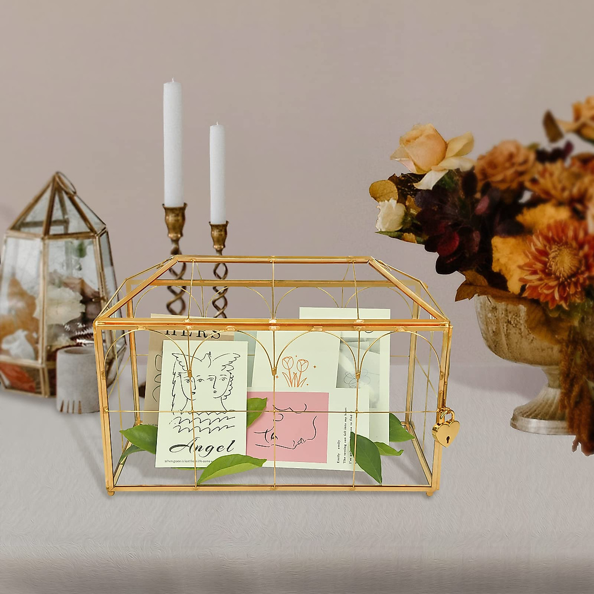 12.6x5.9x9.0inch Wedding Gold Glass Card Box with Lock and Slot - Wedding Envelope Card Holder for Reception Handmade Gold Decorative Box, Party Centerpiece Gift Card Box Handmade Wedding Card Box