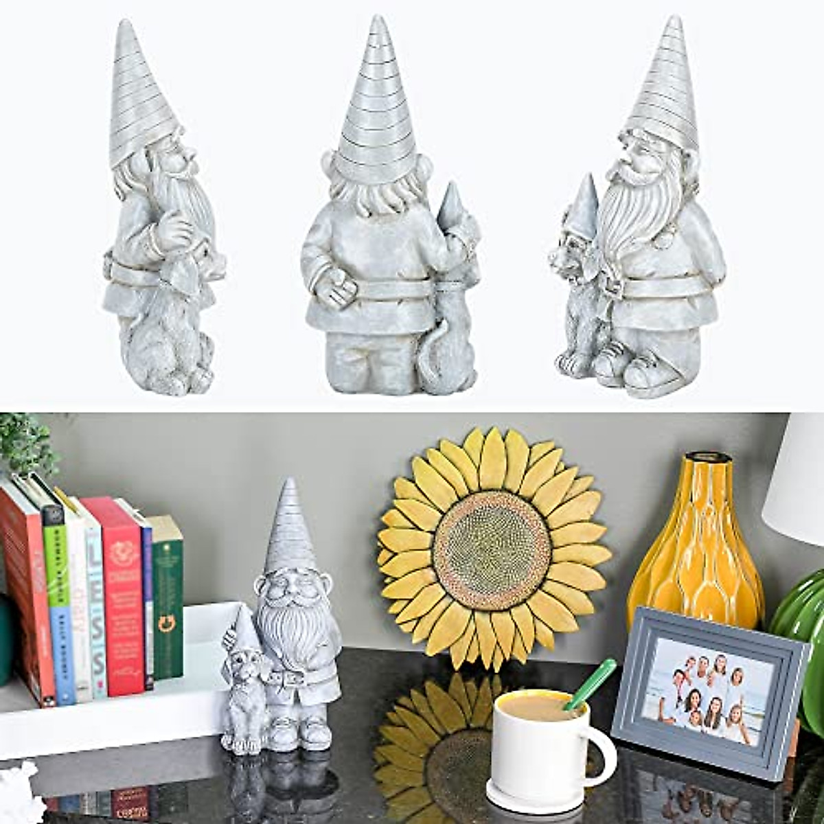 NAT & Jules Gnome and Dog Aged Cement Hue 12 inch Resin Stone Garden Statue