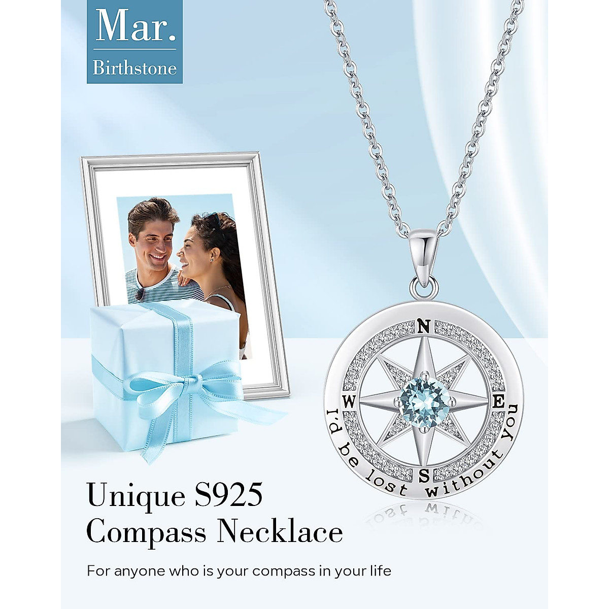 S925 Sterling Silver Necklace for Wife, Anniversary Year Gifts for Wife Compass Jewelry, Birthday Gift Ideas for Her Girlfriend Woman Necklaces, 18K White Gold March