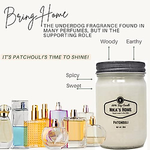 Nika's Home Patchouli Soy Candle - 12oz Mason Jar - Non-Toxic Soy Candle-Hand Poured Patchouli Candle- Handmade, Long Burning Candle-Highly Scented Candle-All Natural, Clean Burning Candle