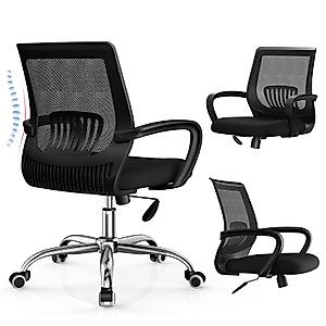 Black Office Desk Chairs with Lumbar Support, armrests Black Mesh Ergonomic Computer Chair can Lift and 360°Swivel, Made of Silver Aluminum Legs