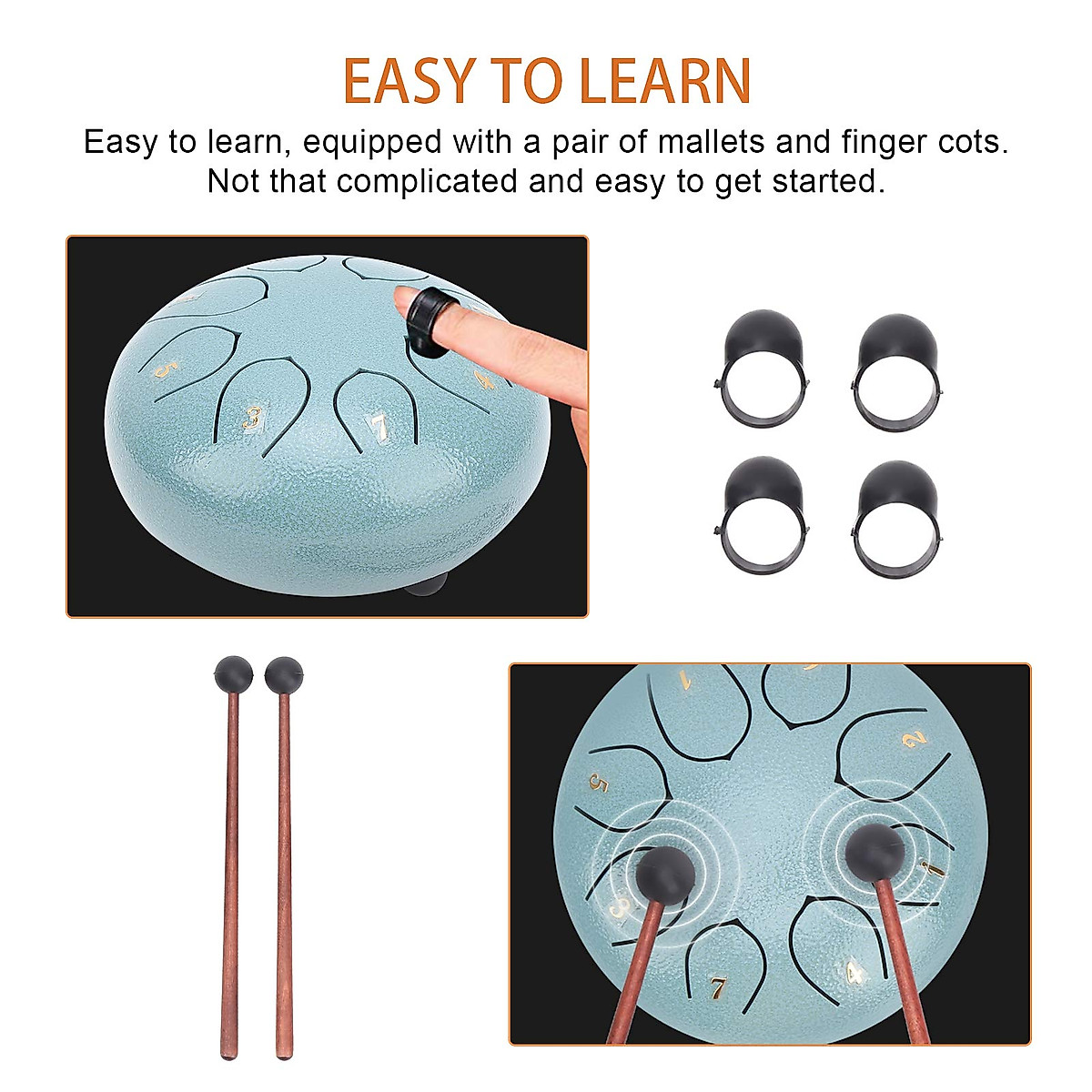 Steel Tongue Drum, 6 Inches 8 Notes Percussion Instrument Alloy Steel Material 8-Tone Natural Range Manual Cutting Steel Tongue Drum Kit With Drum Bag, Drumstick, Finger Cot and Music Book